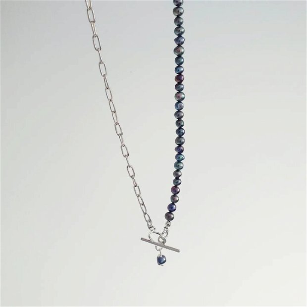Colier perle petrol si lant argint - Meraki | IARMAROC.com